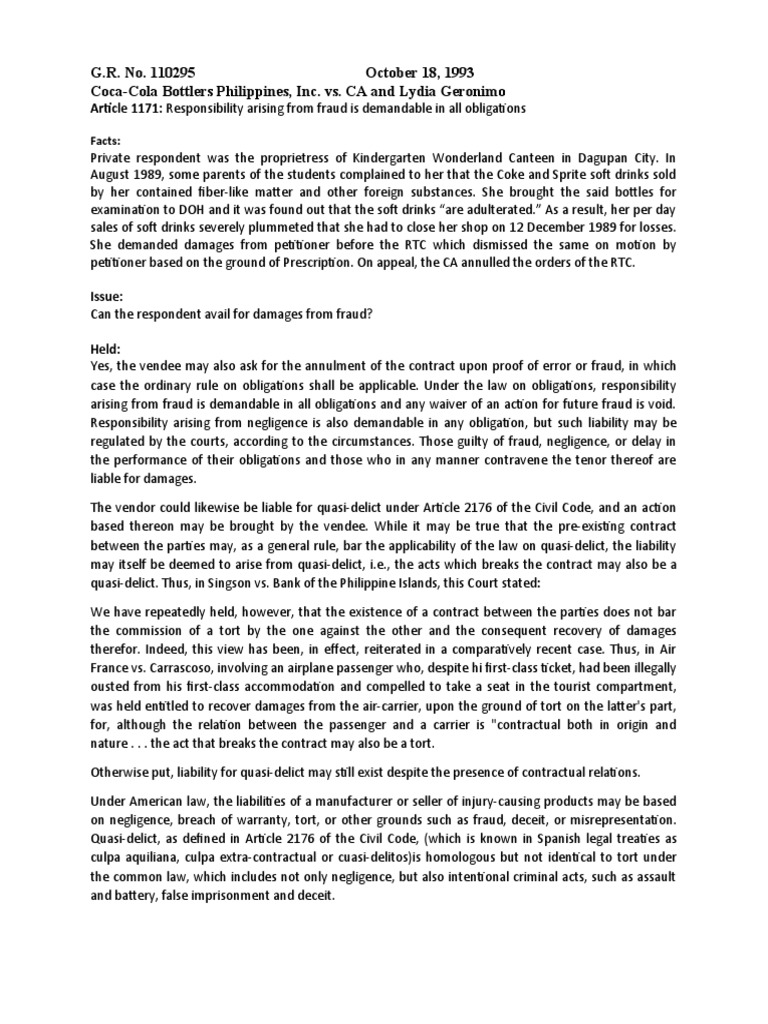 Art 1171 Coca-Cola Bottlers Philippines, Inc. vs. CA and Lydia Geronimo ...