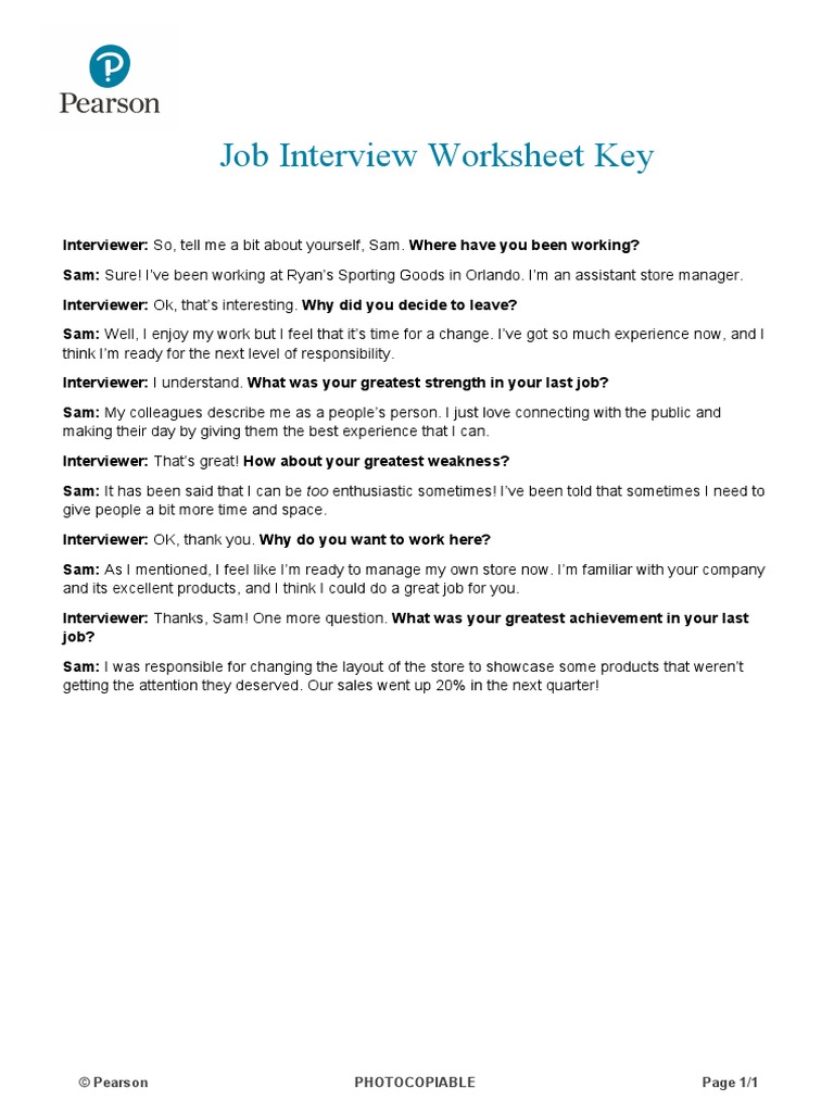 Job Interview Worksheet Key | PDF