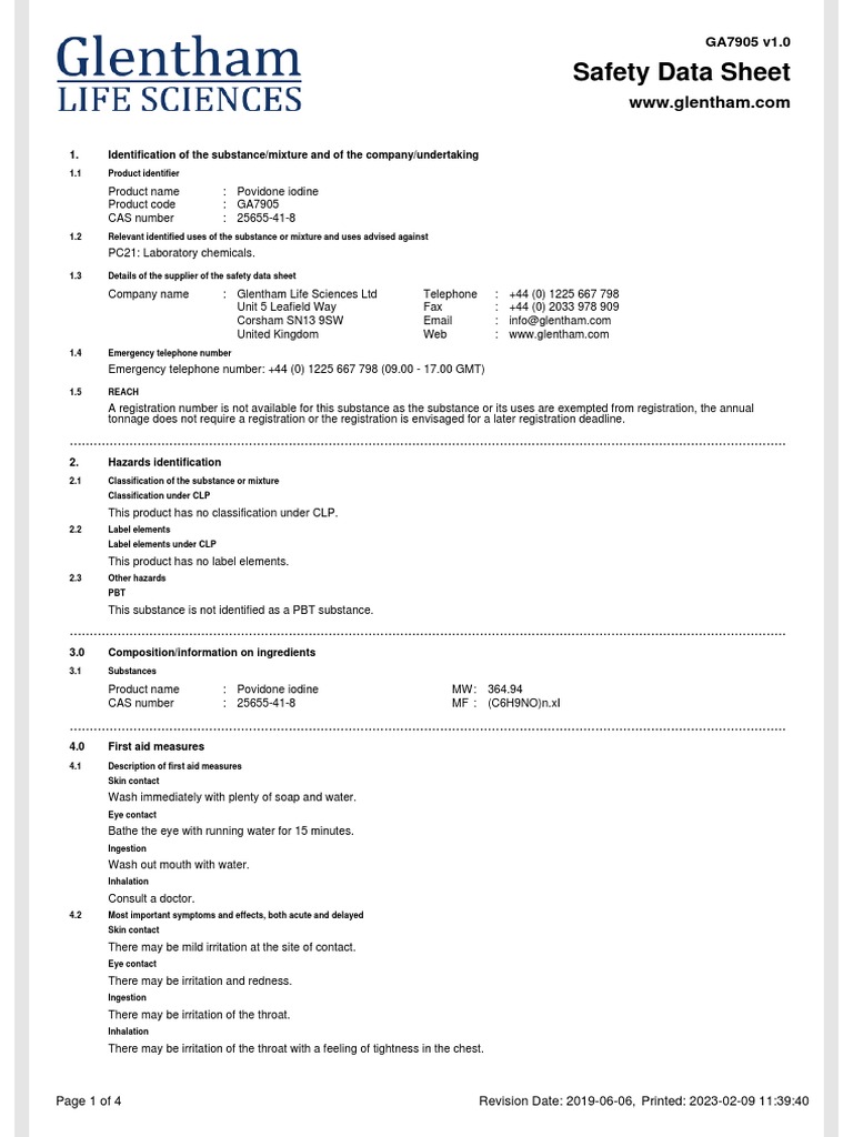 Povidone Iodine Safety Data Sheet | PDF | Toxicity | Personal Protective Equipment