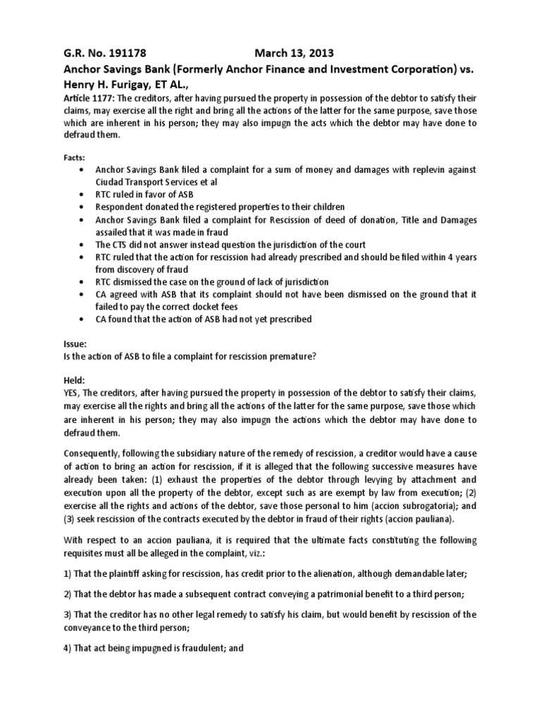 Art 1177 Anchor Savings Bank (Formerly Anchor Finance and Investment ...