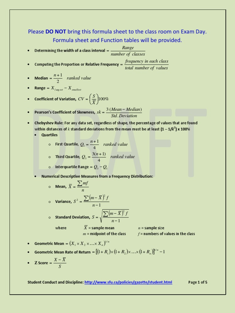Please DO NOT Bring This Formula Sheet To The Class Room On Exam Day ...