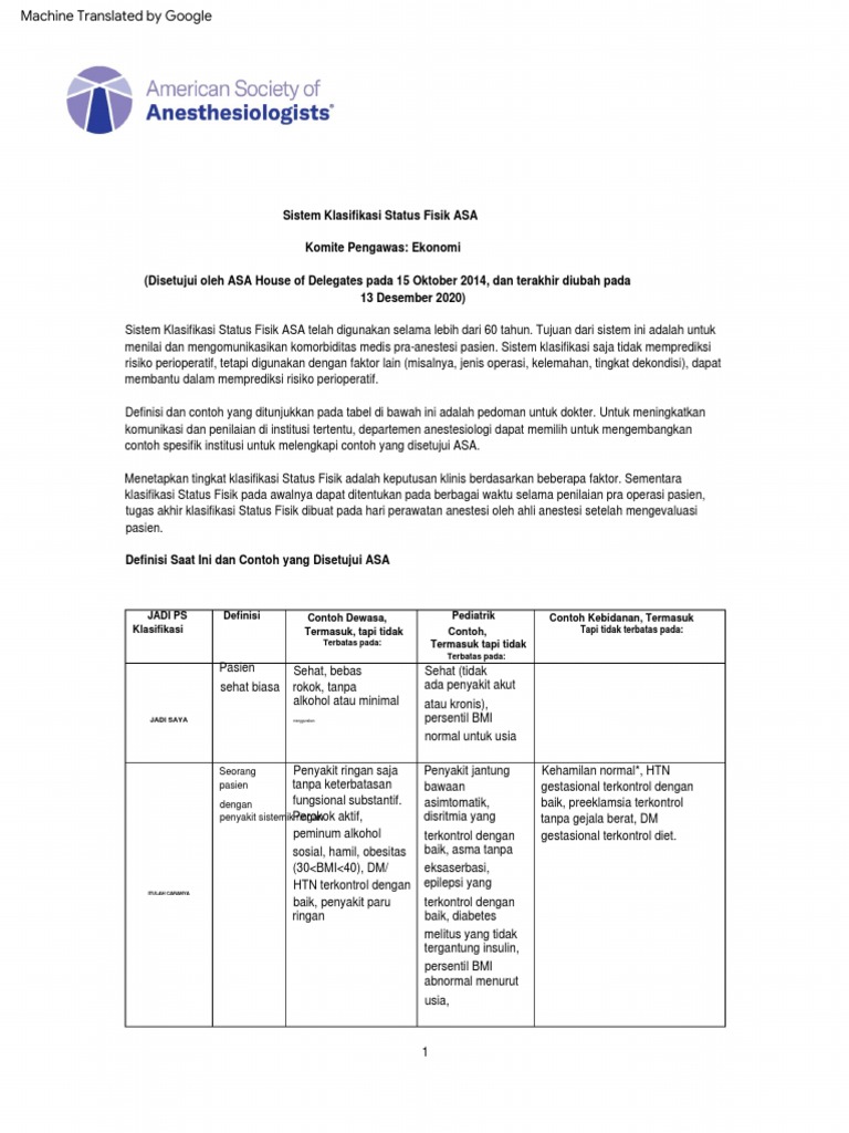 Sistem Klasifikasi Status Fisik ASA | PDF