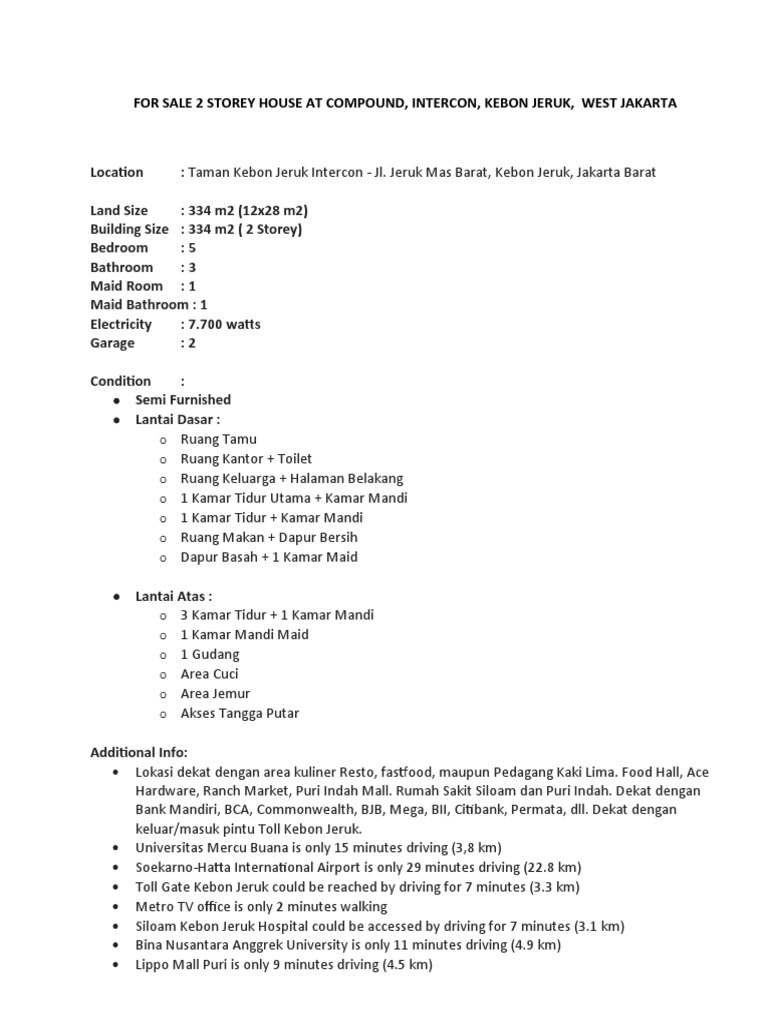 For Sale 2 Storey House at Intercon Kebon Jeruk 8,5 Milyar | PDF | Home & Garden | Wellness