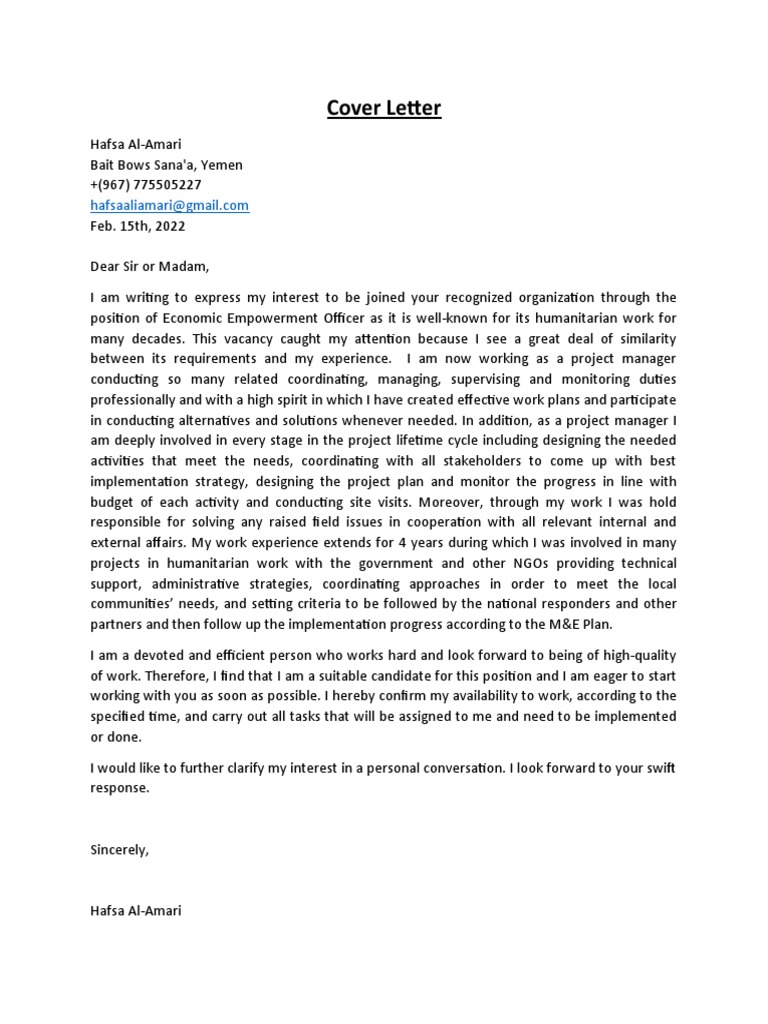 Hafsa Al-Amari - Cover Letter | PDF
