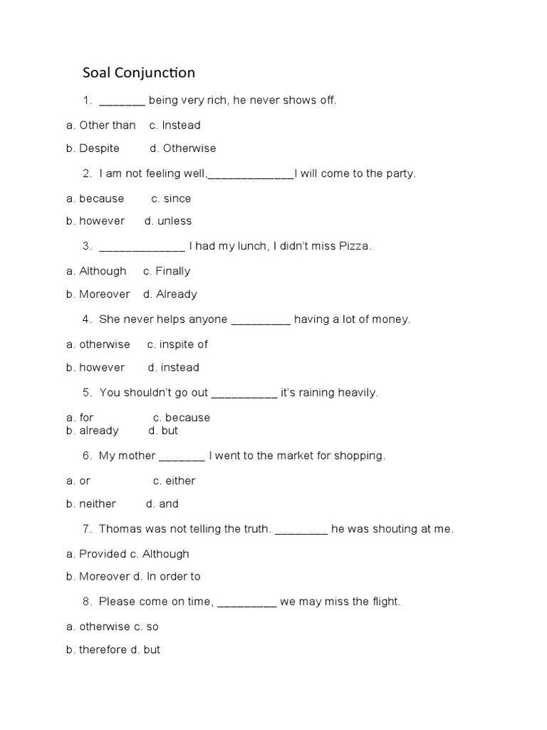 Conjunction Usage Practice Questions | PDF