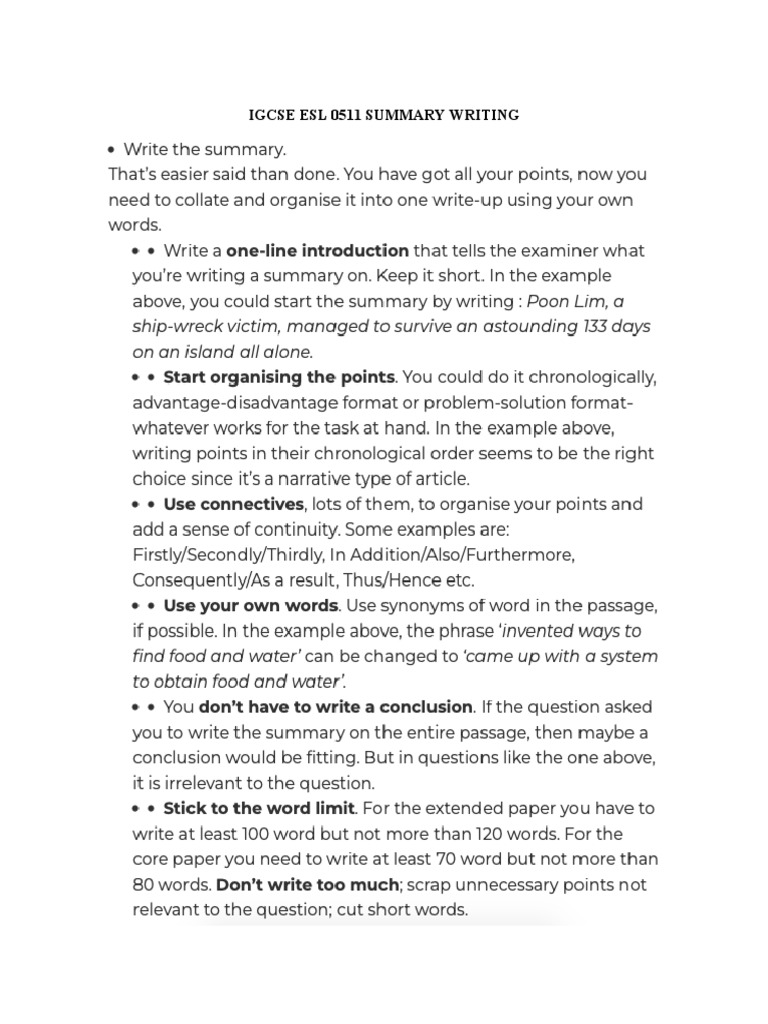 Igcse Esl 0511 Summary Writing | PDF