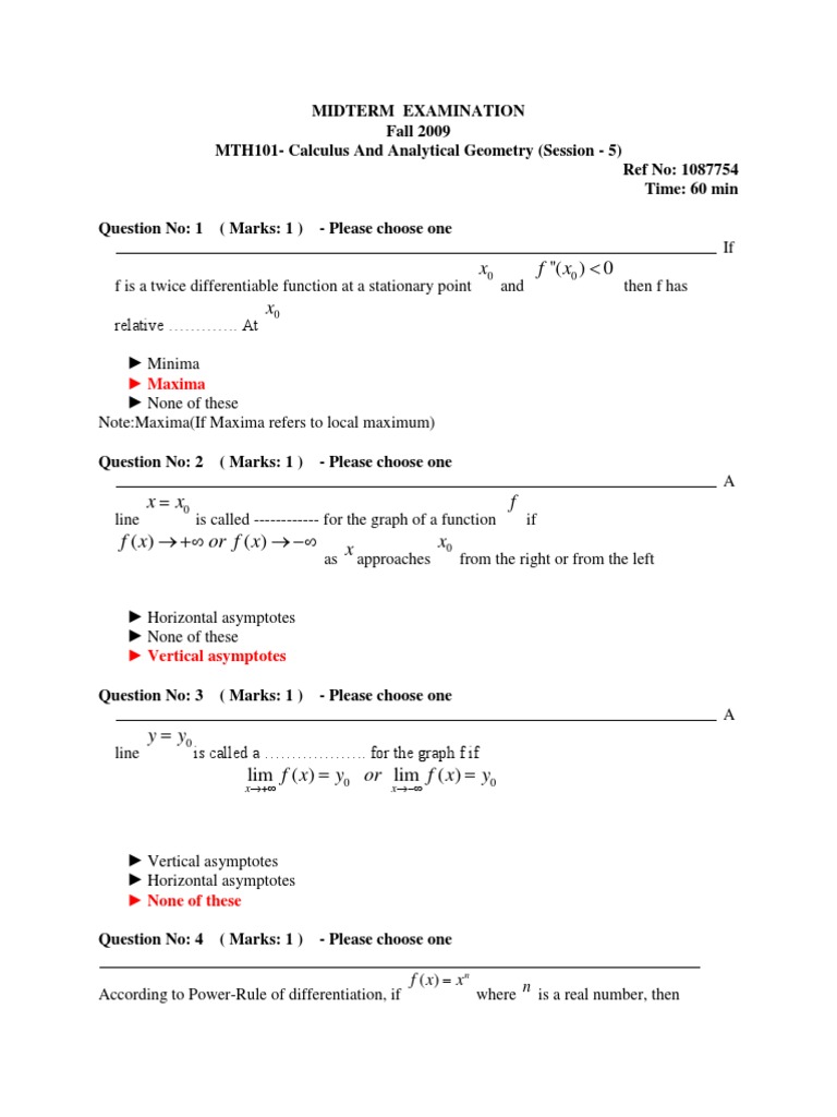Calculus Exam Questions Fall 2009 | PDF | Trigonometric Functions | Function (Mathematics)