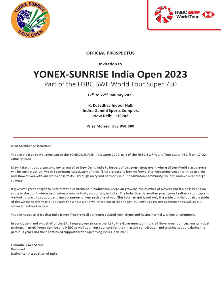 YONEX-SUNRISE India Open 2023 - Prospectus | PDF | Doping In Sport | Travel Visa