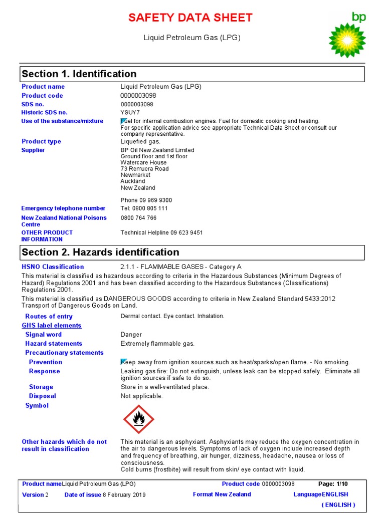 LPG Safety Data Sheet New Zealand | PDF | Liquefied Petroleum Gas ...