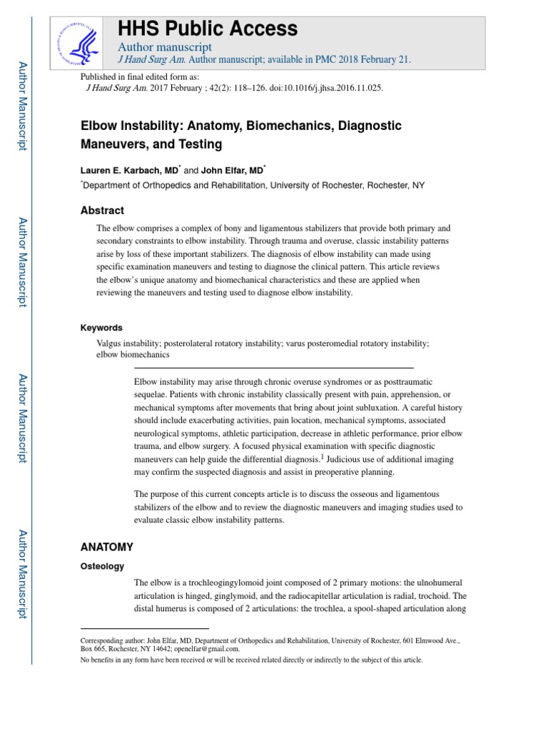 Elbow Instability Anatomy, Biomechanics, Diagnostic Maneuvers, and ...
