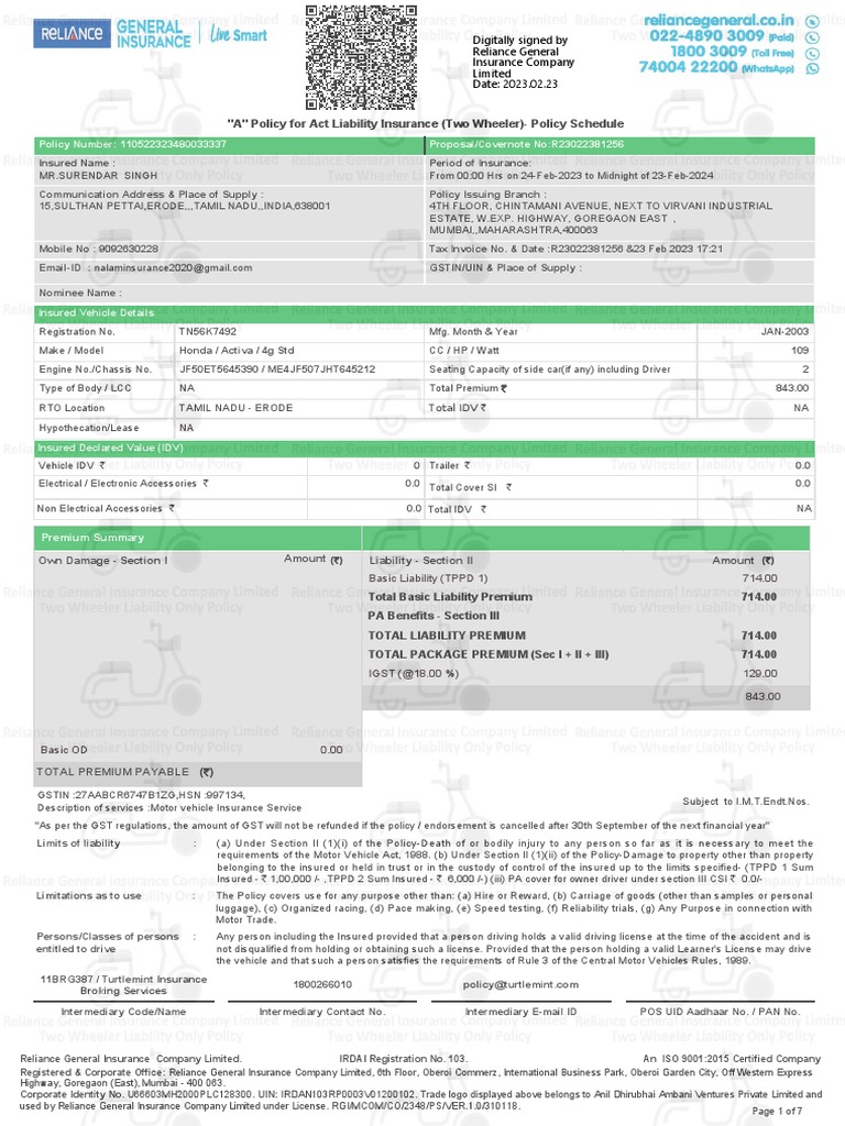 Digitally Signed by Reliance General Insurance Company Limited Date ...