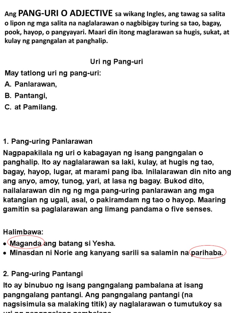 Pang-Uri at Mga Bahagi Nito | PDF