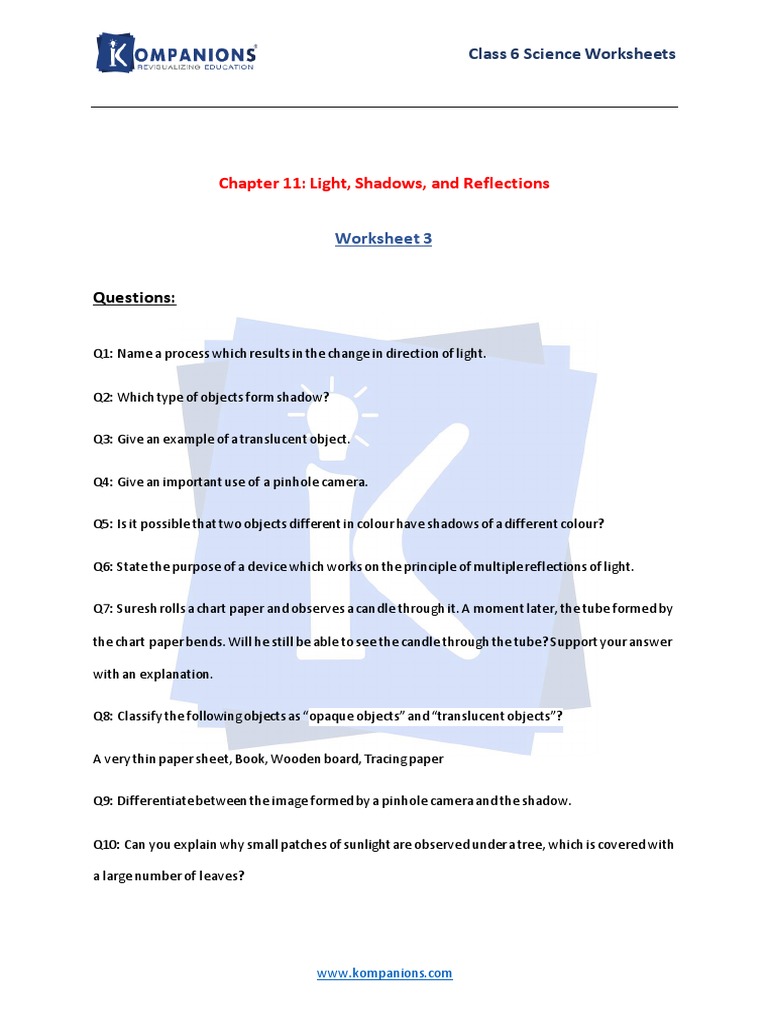 Class 6 Science Chapter 11 Light Shadows and Reflections Worksheet 3 | PDF | Home & Garden