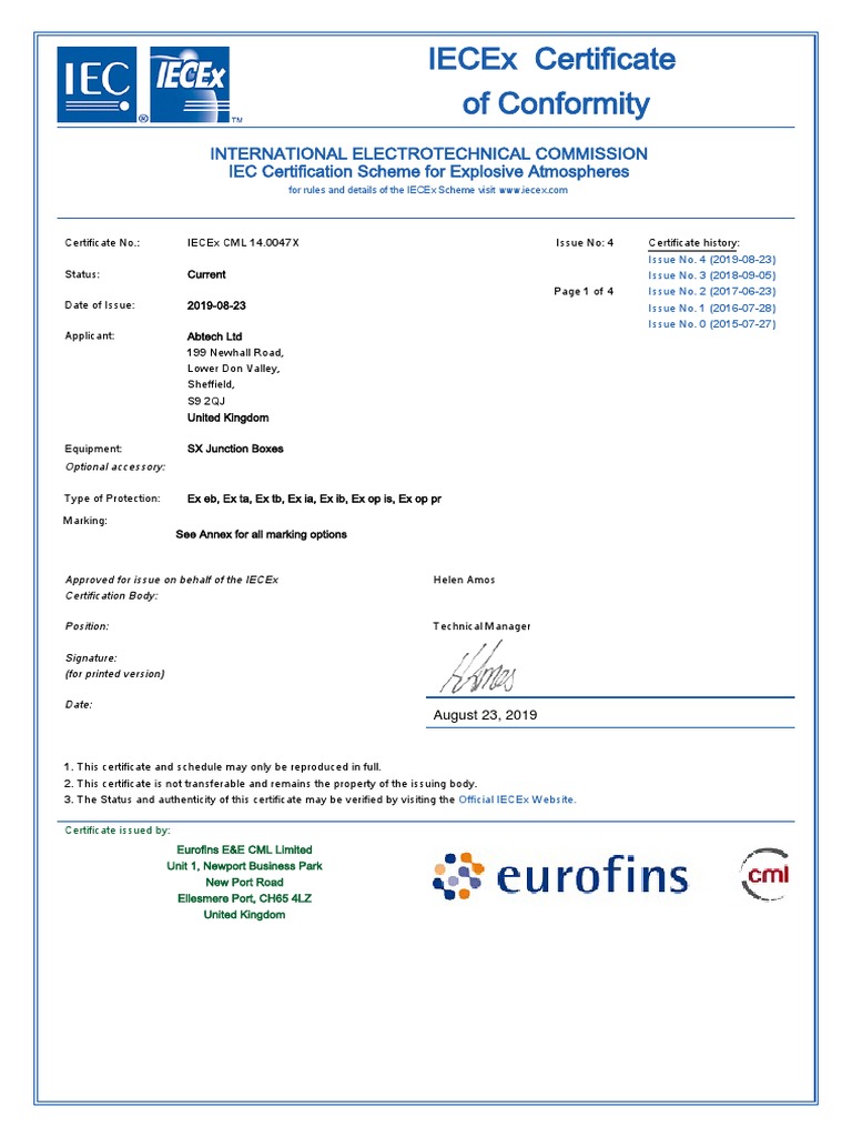 IECEx CML 14.0047X Iss 4 Signed | PDF | Electrical Connector | Electrical Wiring