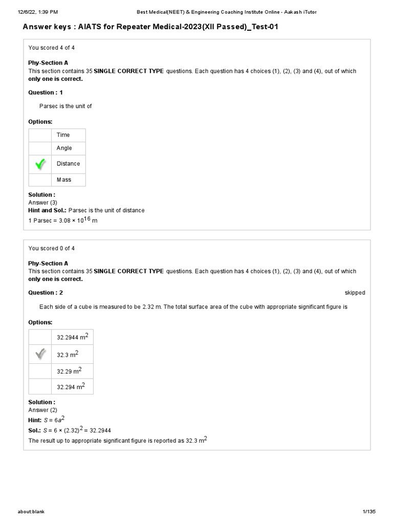 AIATS Answer Key for Class 12 Physics | PDF | Acceleration | Metrology