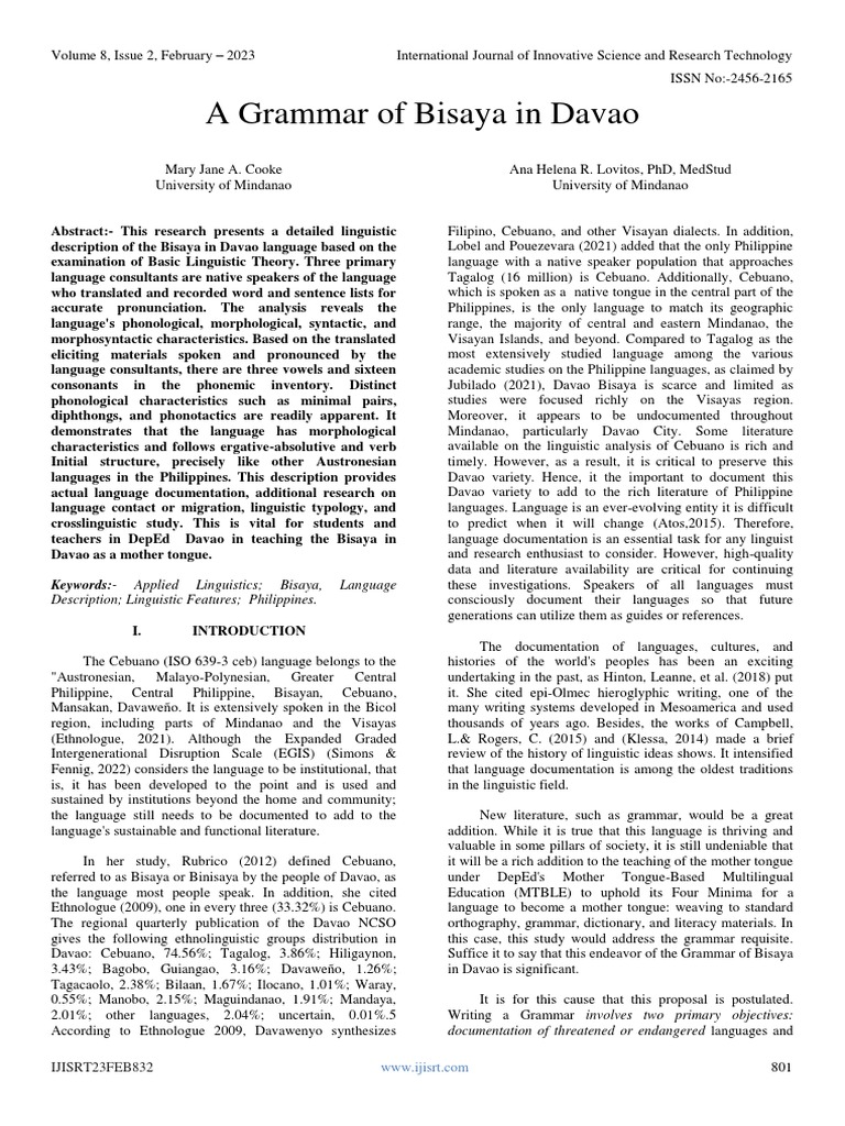 A Grammar of Bisaya in Davao | PDF | Word | Morphology (Linguistics)