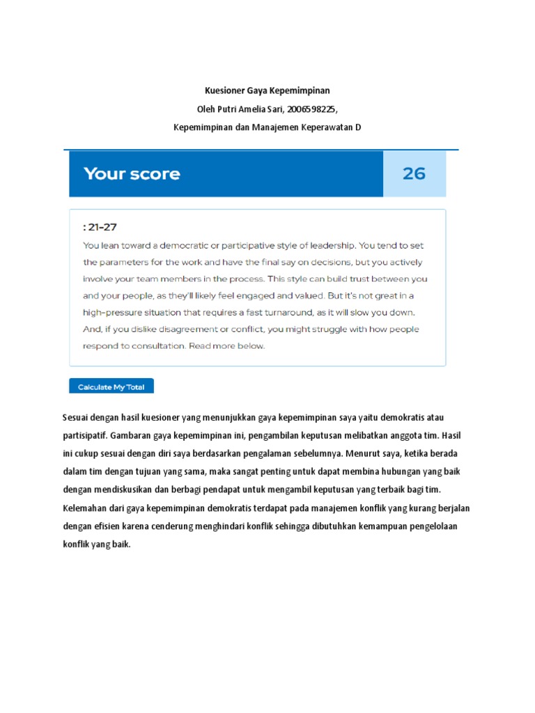 Kuesioner Gaya Kepemimpinan - Putri Amelia Sari - 2006598225 | PDF