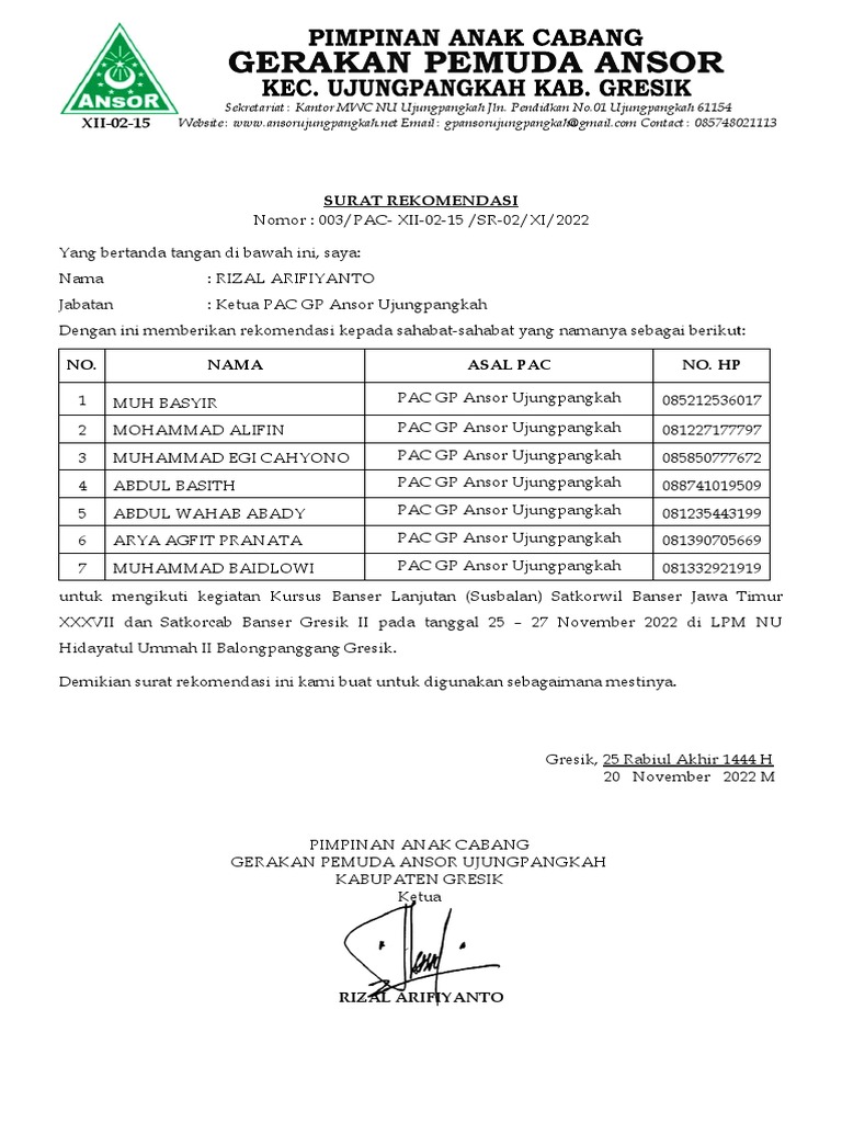Surat Rekomendasi Peserta Susbalan 2022 | PDF