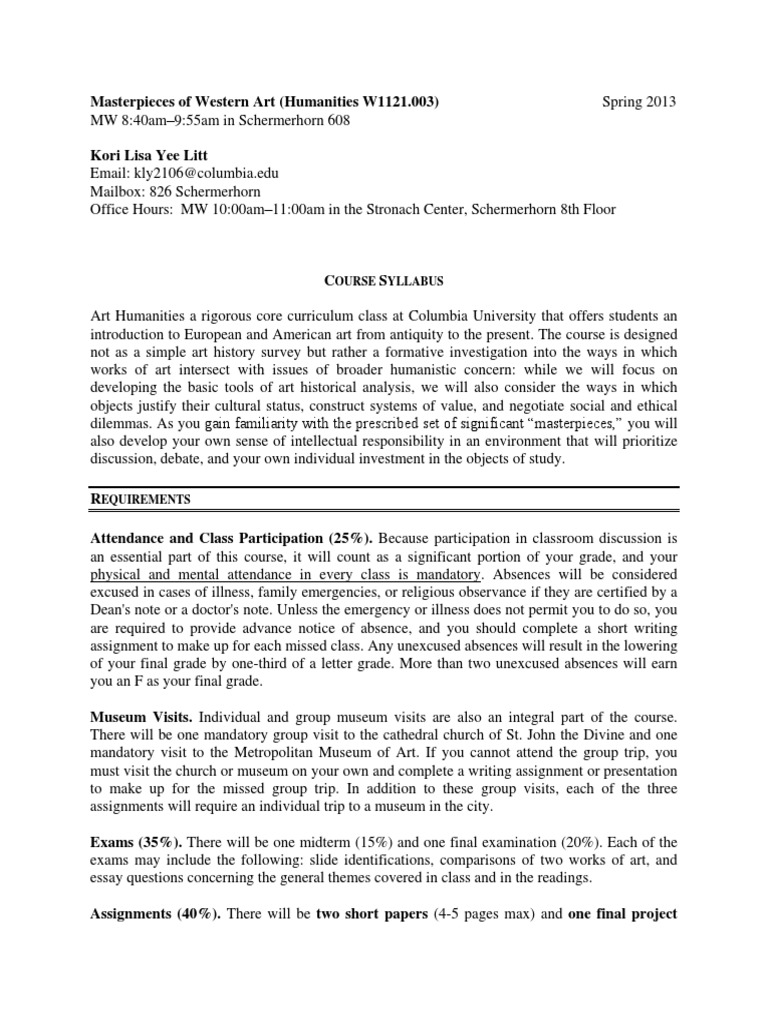 Sample Syllabus Art Humanities | PDF | Plagiarism | Michelangelo
