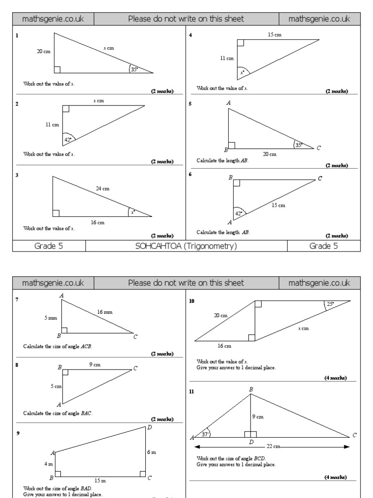 Grade 5 SOHCAHTOA Trigonometry Worksheet | PDF | Trigonometry | Arithmetic