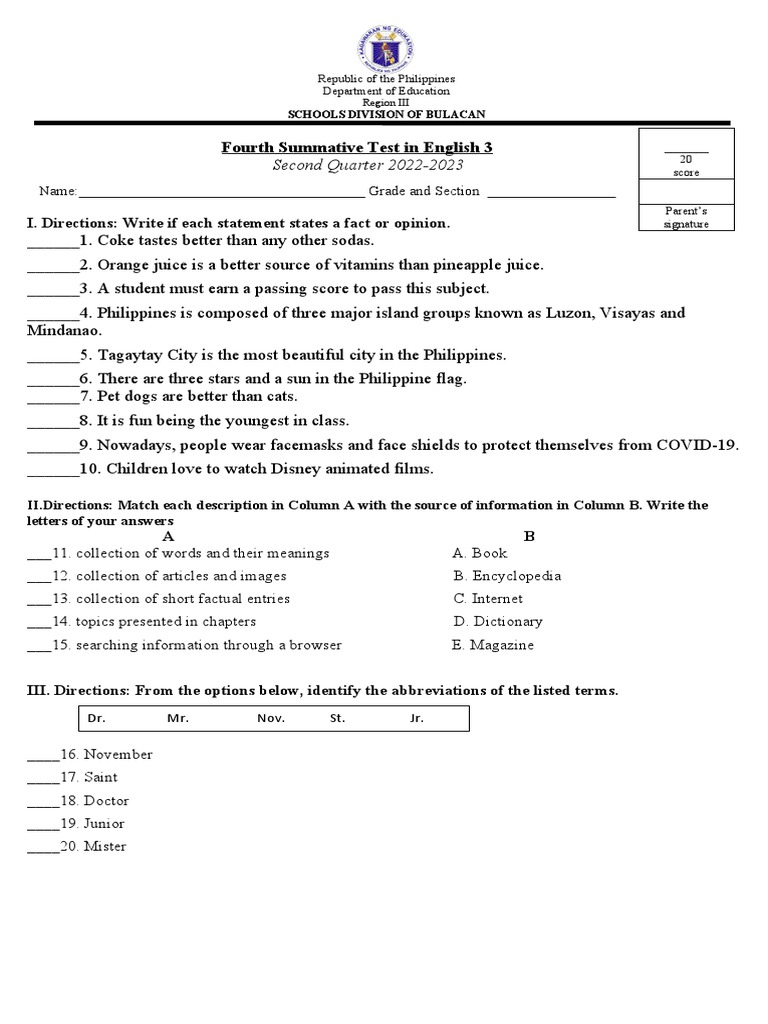 Quarter 2 Summative Test For English 3 | PDF