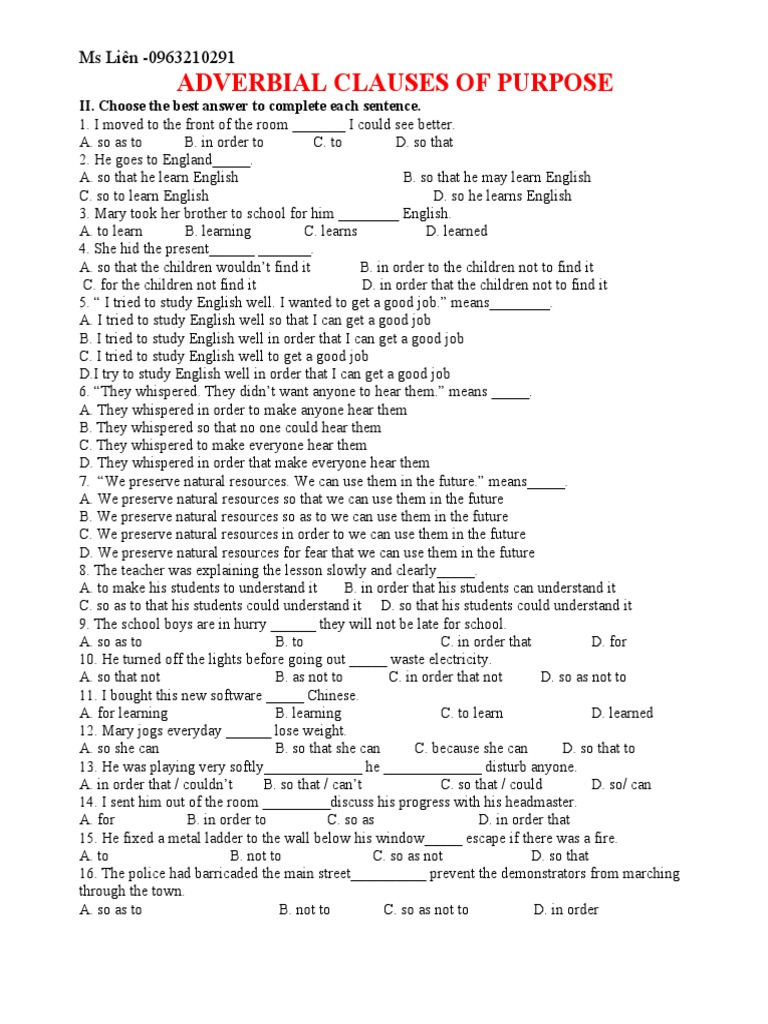 Adverbial Clauses of Purpose Exercises | PDF