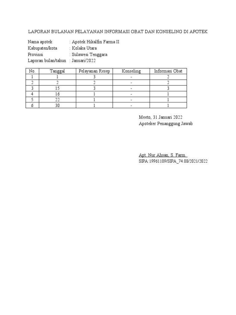Laporan Bulanan Pelayanan Informasi Obat Dan Konseling Di Apotek | PDF ...