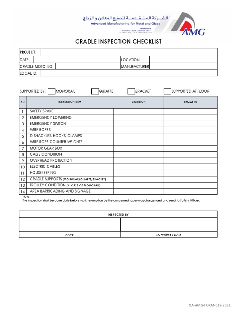 Cradle Inspection Checklist: Project | PDF