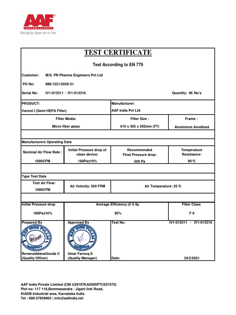 Test certificate for semi HEPA filters | PDF