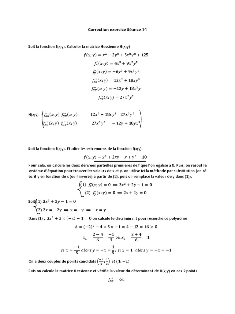 Correction Matrice Hessienne Exercice | PDF | Extremum | Mathématiques ...