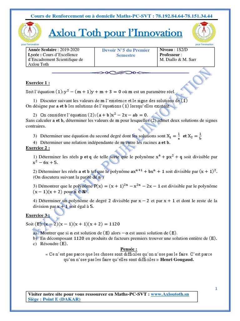 Devoir N°5 Semestre 1 1S2 WWW - Axloutoth.sn | PDF
