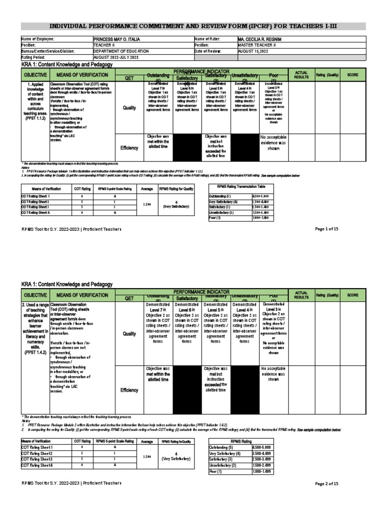 Ipcrf Sy 2022 2023 | PDF | Learning | Teachers