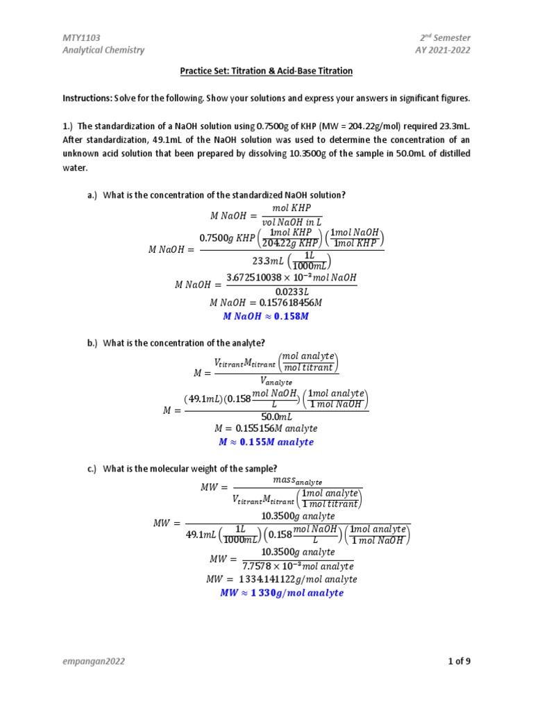 (Answer Key) Practice Set - Titration and Acid-Base Titration | PDF ...