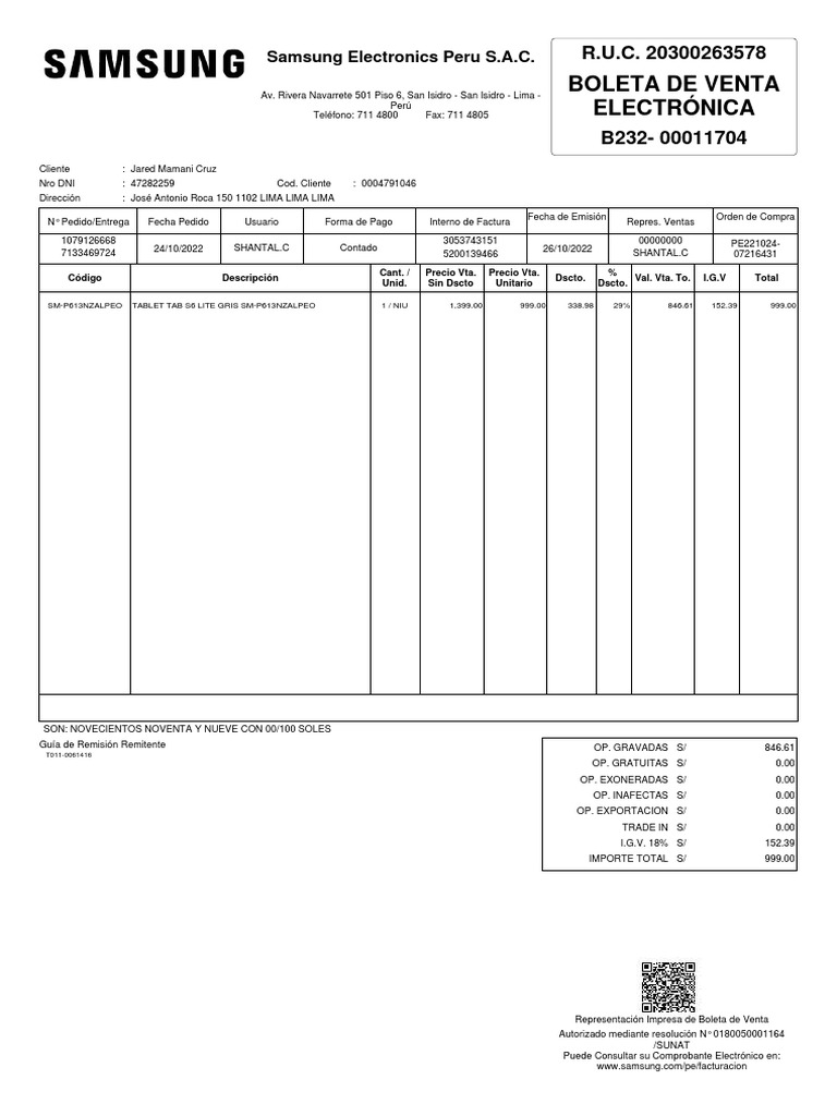 Boleta de Venta Electrónica: Samsung Electronics Peru S.A.C | PDF