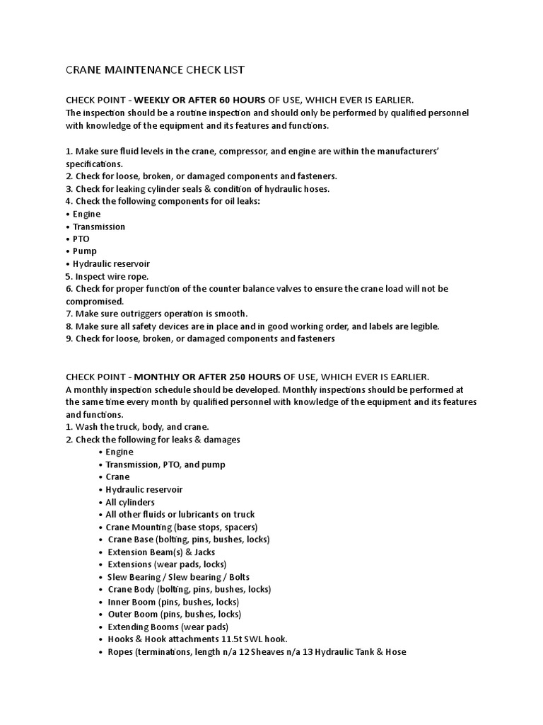 Crane Maintenance Checklist Guide | PDF | Crane (Machine) | Screw