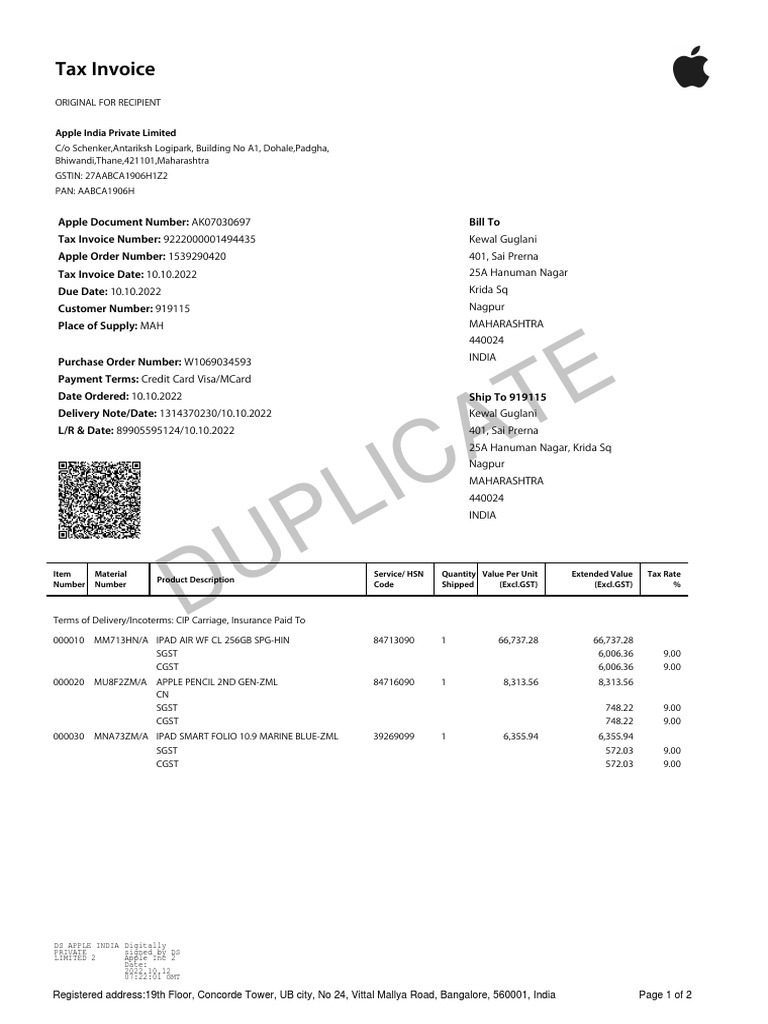 Apple India Tax Invoice Details | PDF | Invoice | Taxes