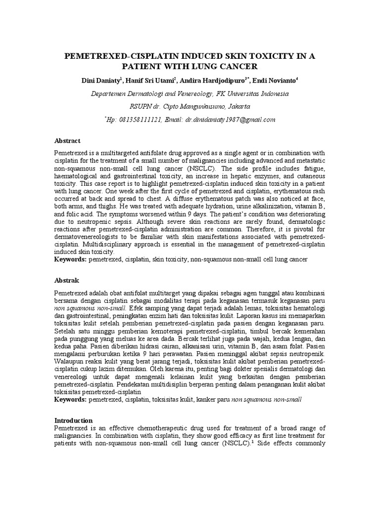 Abstrak Pemetrexed Cisplatin Induced Skin Toxicity Pdf Chemotherapy
