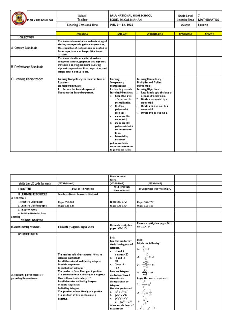 DLL Math7w6 - 2022 - 2023 | PDF | Polynomial | Multiplication