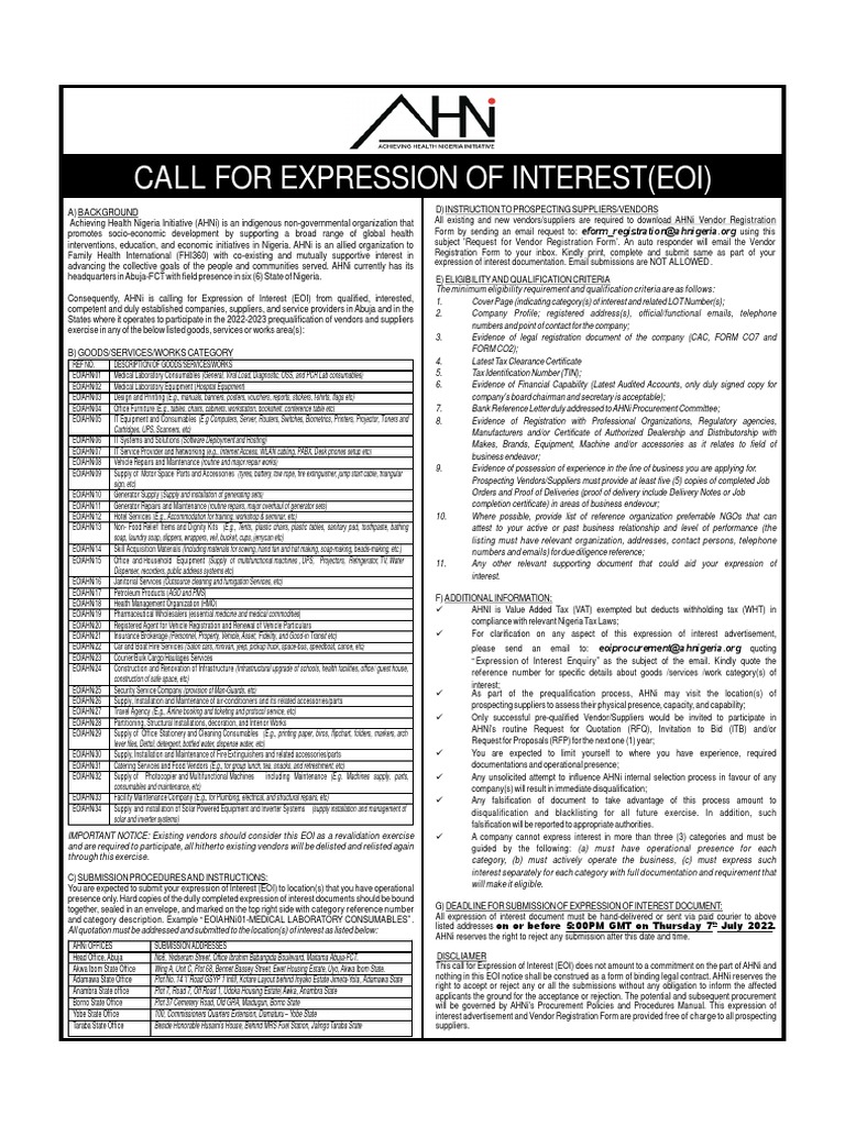AHNI 2022 Advert - Guardian Newspaper | PDF | Request For Proposal