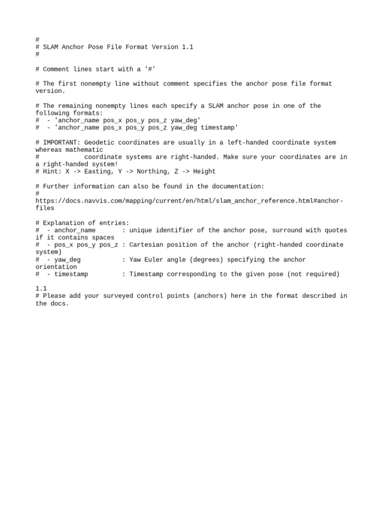 SLAM Anchor Pose File Format 1.1 | PDF