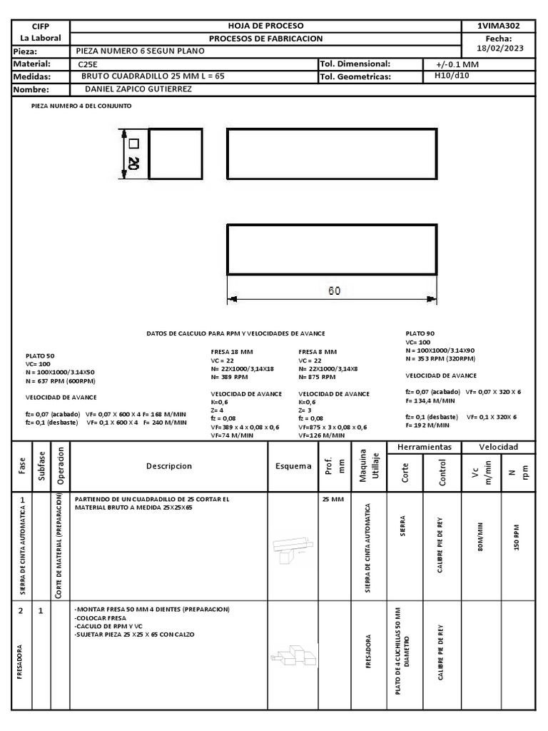 Hoja de Procesos Pieza 6 Planeado y Escuadrado. | PDF | Instrumento de medición | Herramientas
