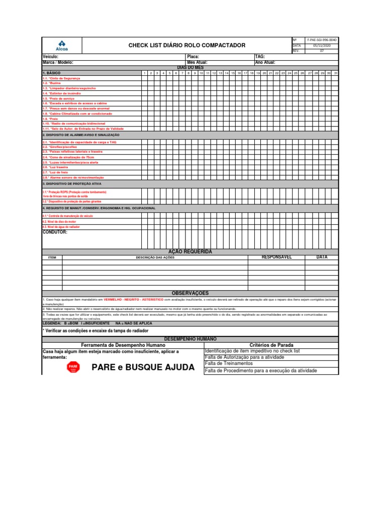Check List Diário Rolo Compactador | PDF | Dor