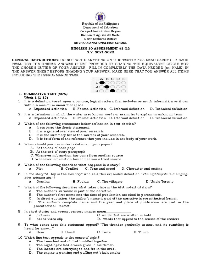 Sample ENGLISH 10 Q2 TQ - SUMMATIVE 1 2021 Edited | PDF | Adjective | Adverb
