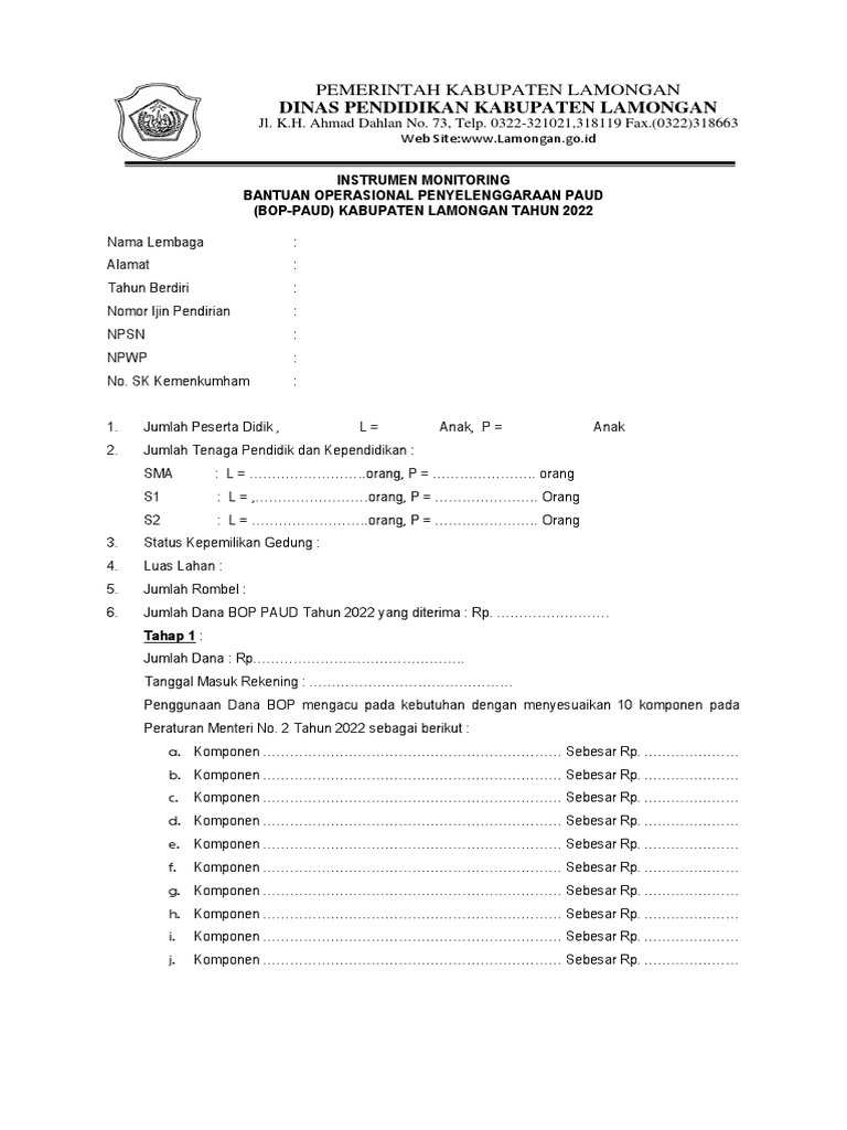 Instrumen Monev BOP PAUD 2022 | PDF