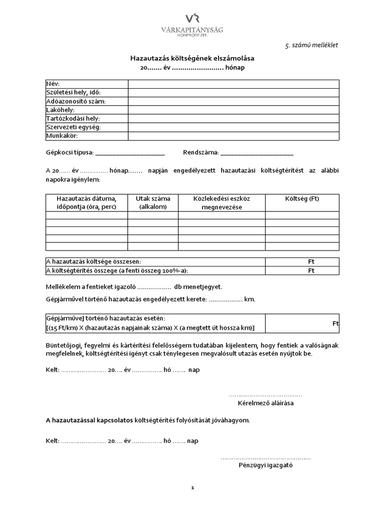 Számú Melléklet - Elszámolás Hazautazás Költségtérítéshez | PDF