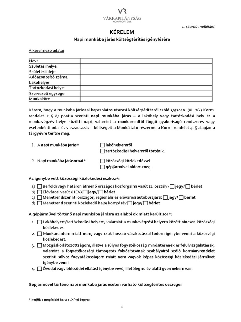 Számú Melléklet - Kérelem Napi Munkába Járás Költségtérítésére | PDF