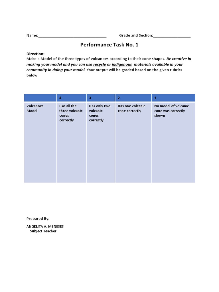 Volcano Model Performance Task 1 | PDF | Teaching Methods & Materials | Science & Mathematics