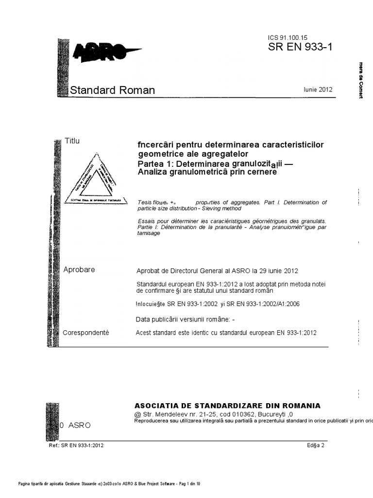 SR en 933 1 2012 Granulometrie Agregate PDF | PDF | Metrology