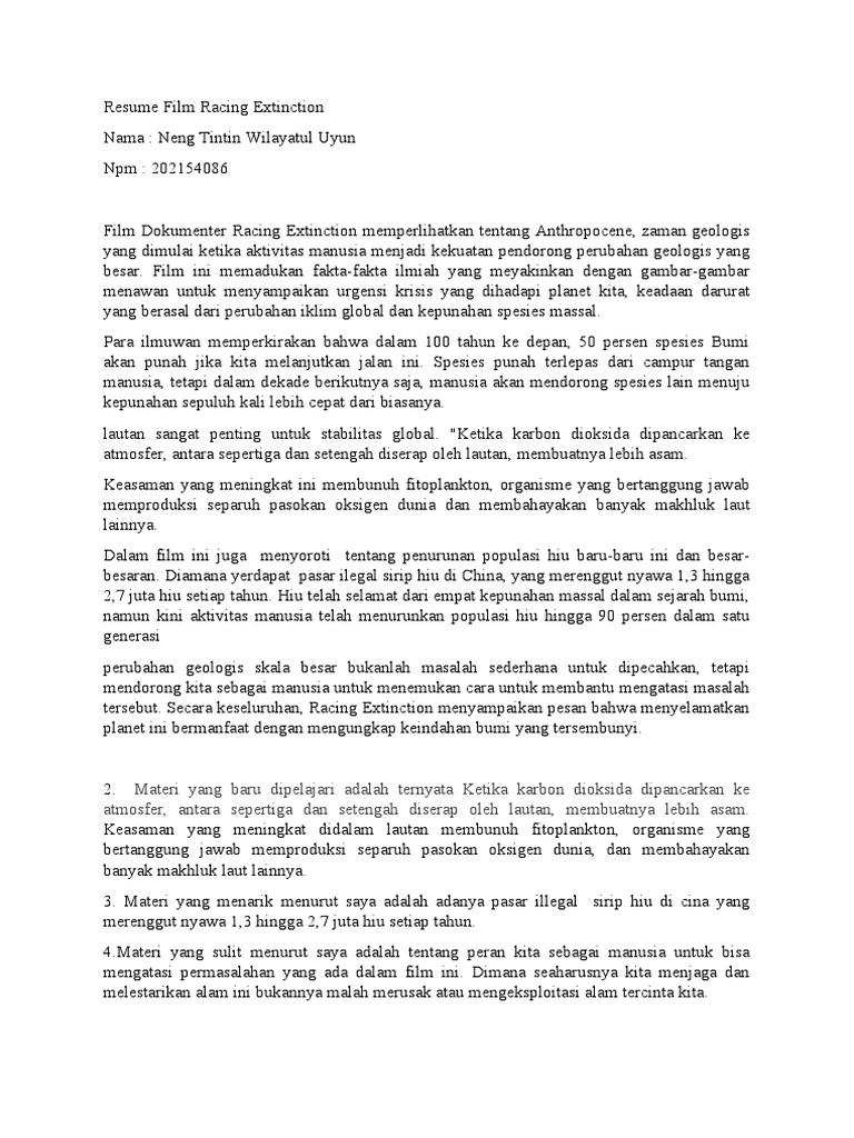 Resume Film Racing Extinction | PDF