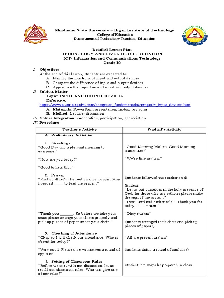 MSU-IIT Lesson Plan on Input and Output Devices | PDF | Computer Keyboard | Optical Character ...